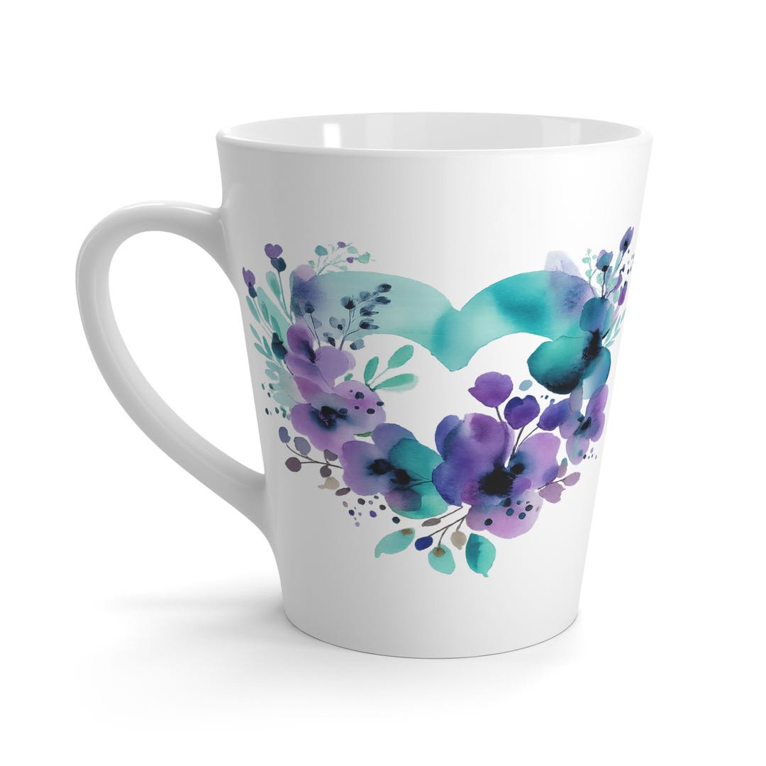 Teal Purple Watercolor Floral Heart Latte Mug | Floral Coffee Cup - Etsy
