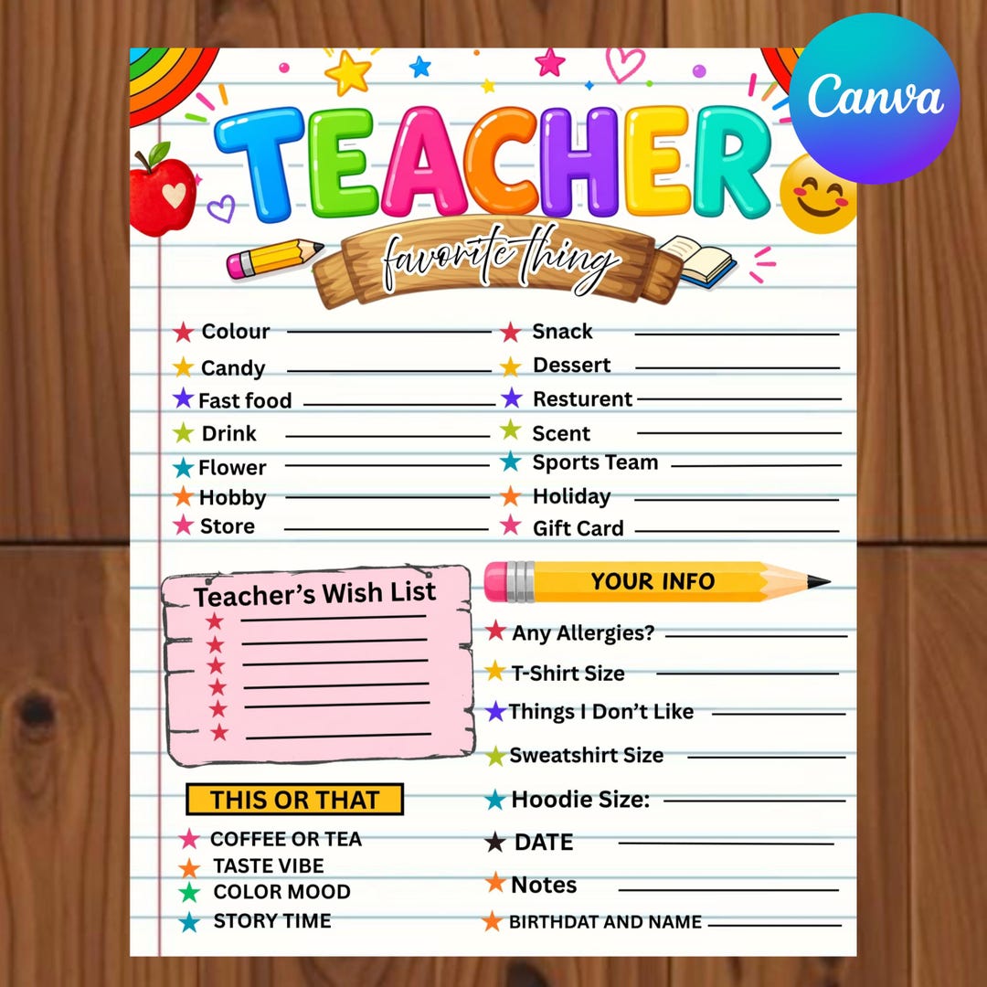 Teacher Favorite Things List Template, Teacher Questionnaire Printable ...