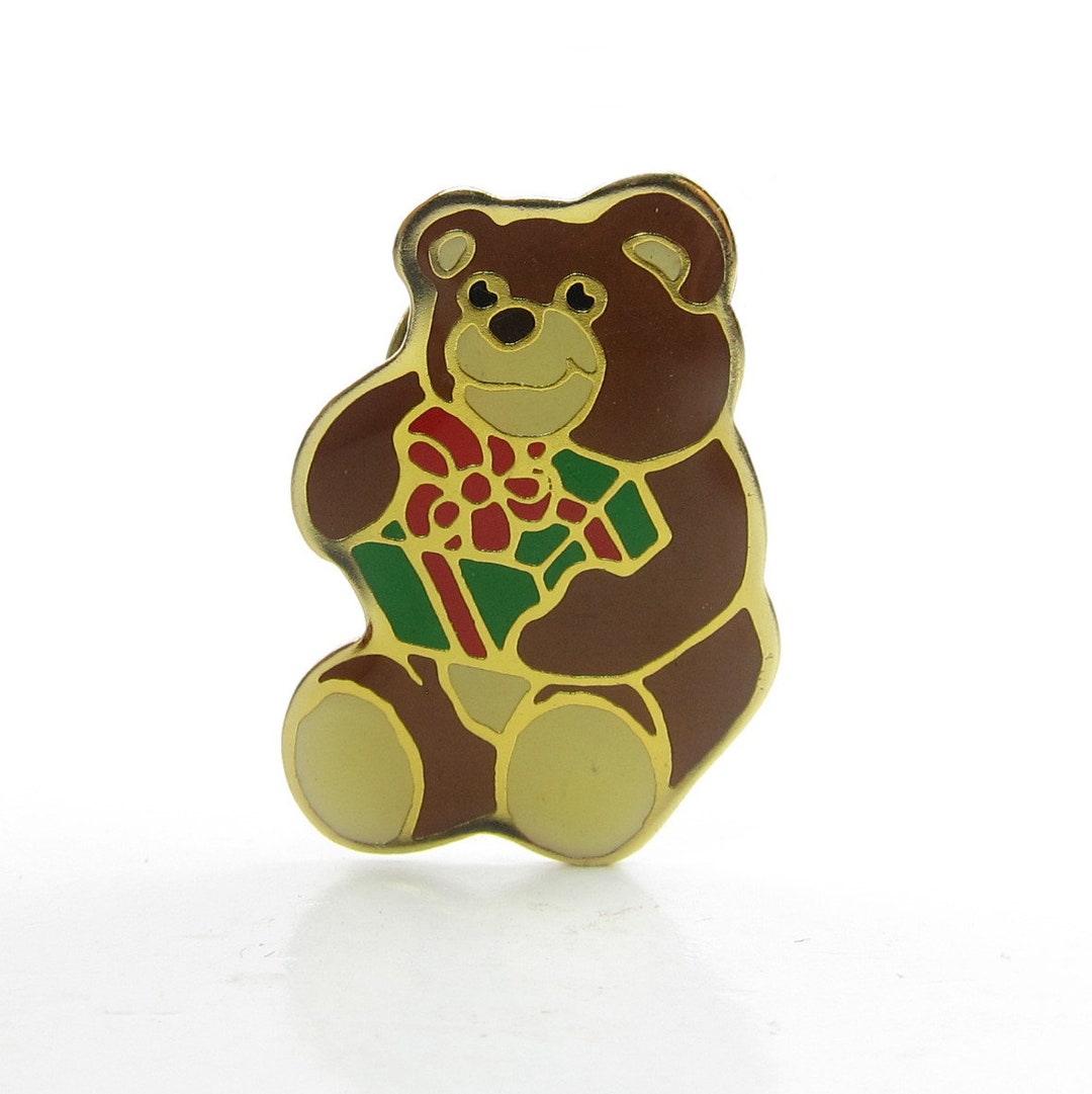 Teddy Bear Pin Vintage Christmas Enamel Lapel Tack With Present - Etsy