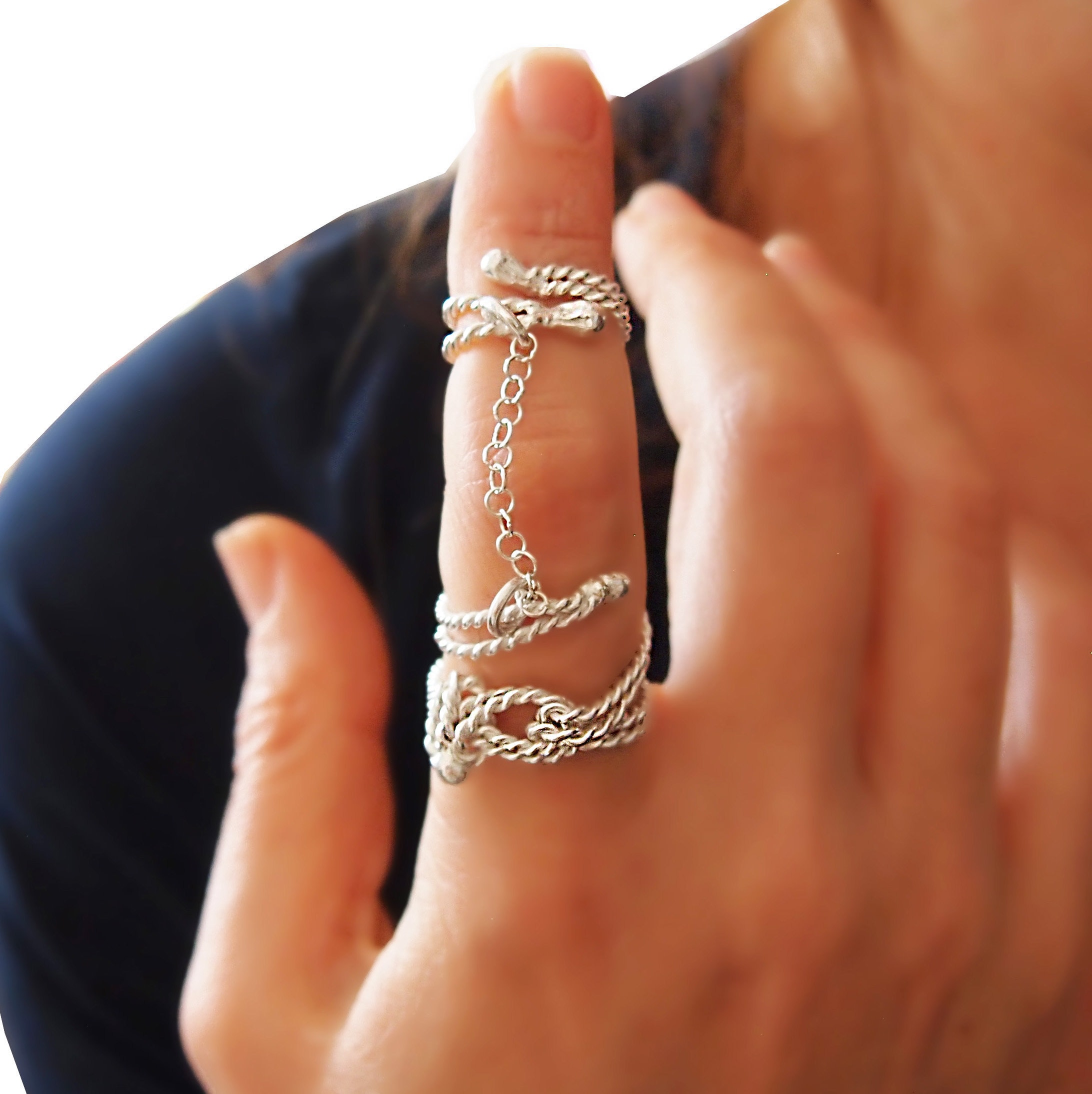 Rope Knot Full Finger Chained Ring in Sterling Silver | Etsy