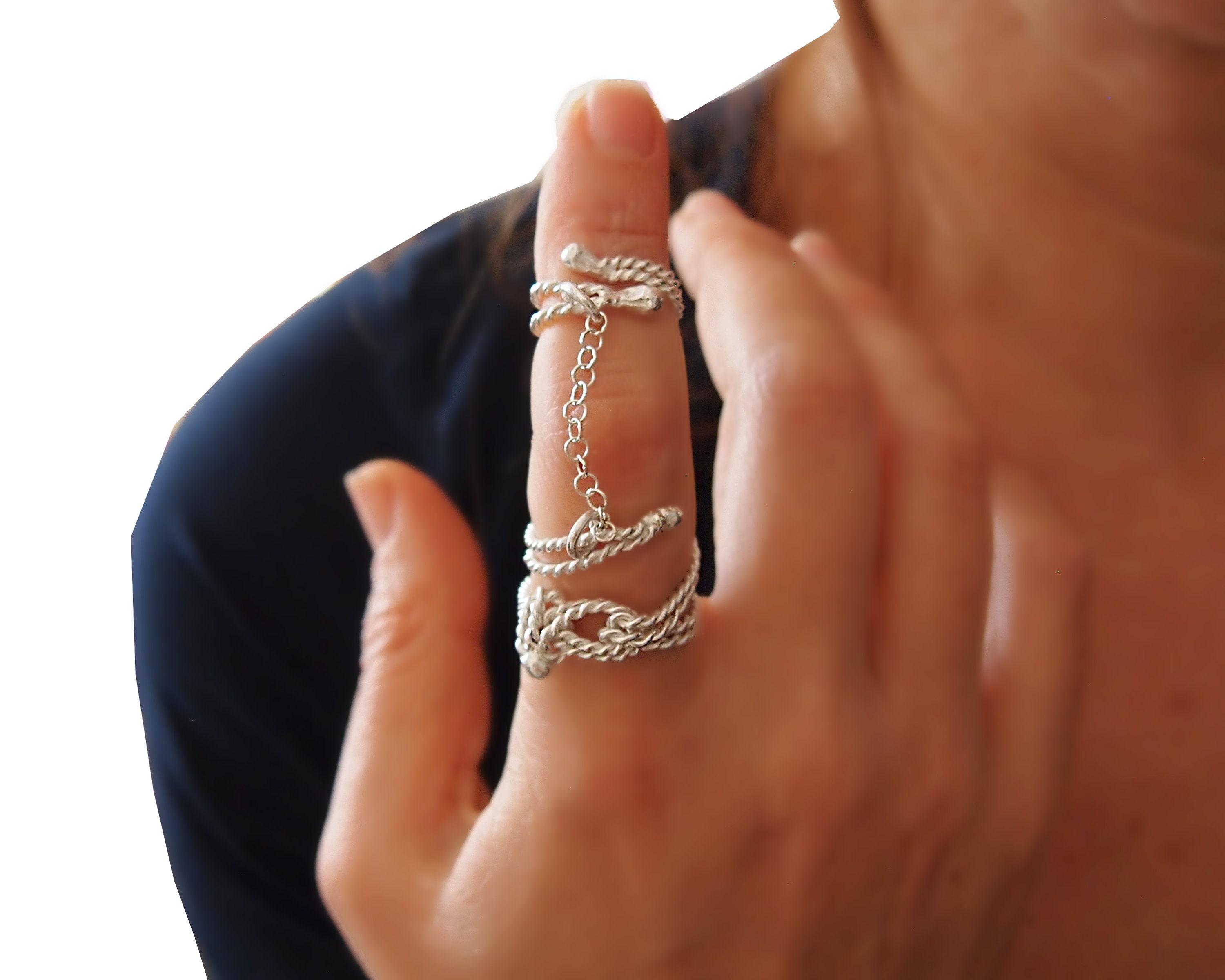 Rope Knot Full Finger Chained Ring in Sterling Silver | Etsy