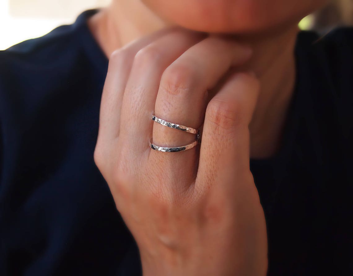 Hammered Sterling Silver Double Band Ring Polished Textured | Etsy