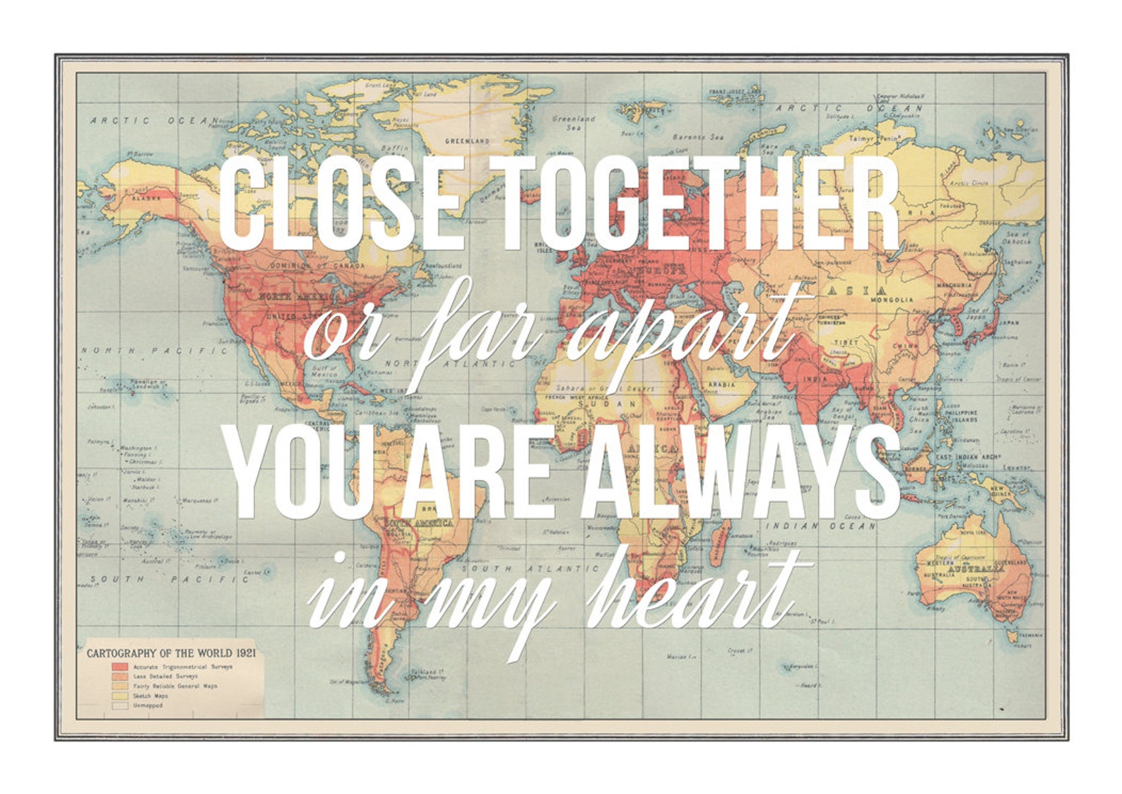 Long Distance Love, Quote, World Map Print, Poster, Map of the World ...