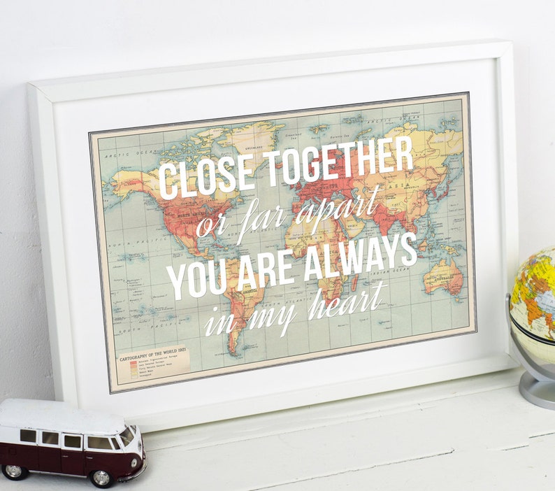 Long Distance Love, Quote, World Map Print, Poster, Map of the World ...