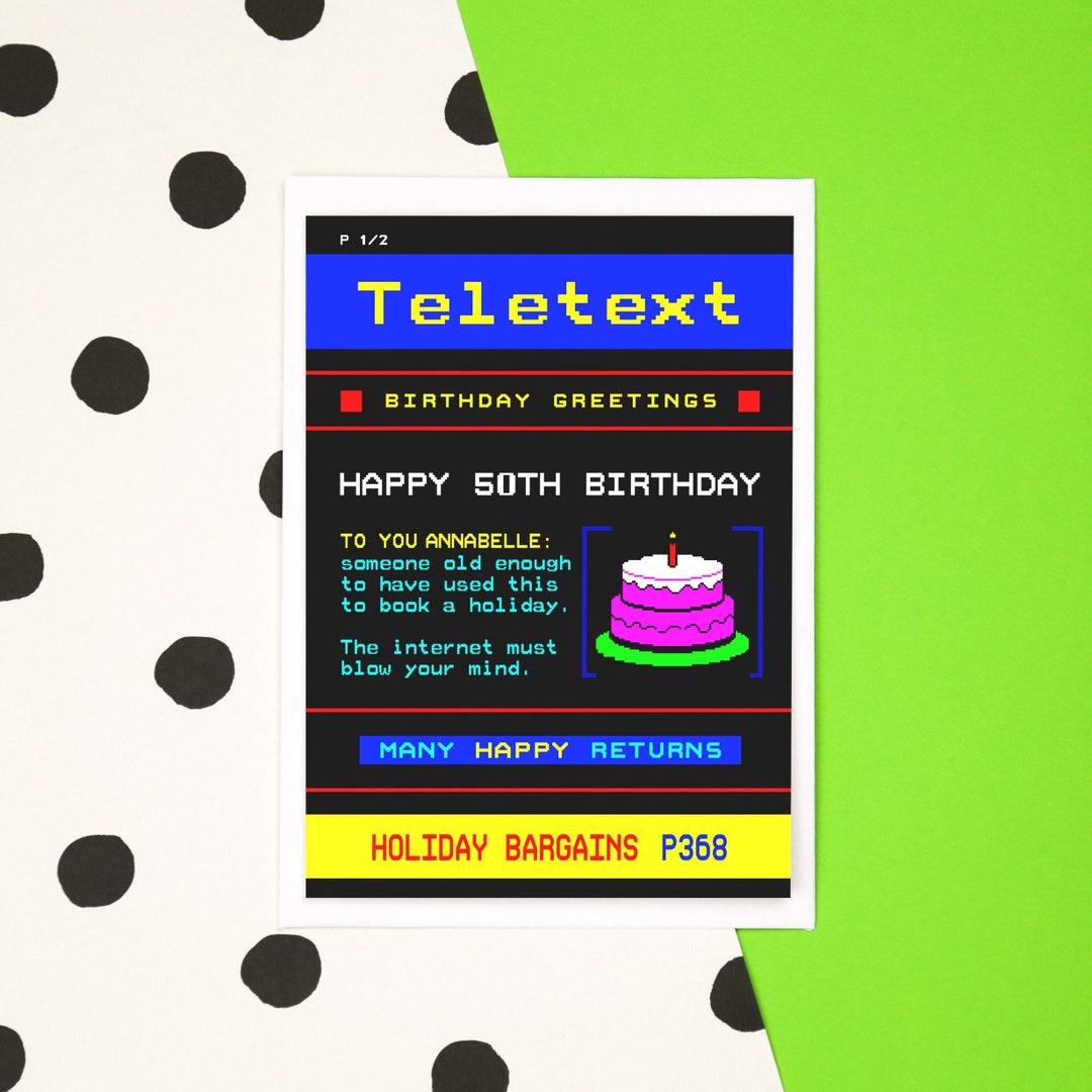 Personalised 50th Birthday Card, Funny 50th Birthday Card, Teletext ...