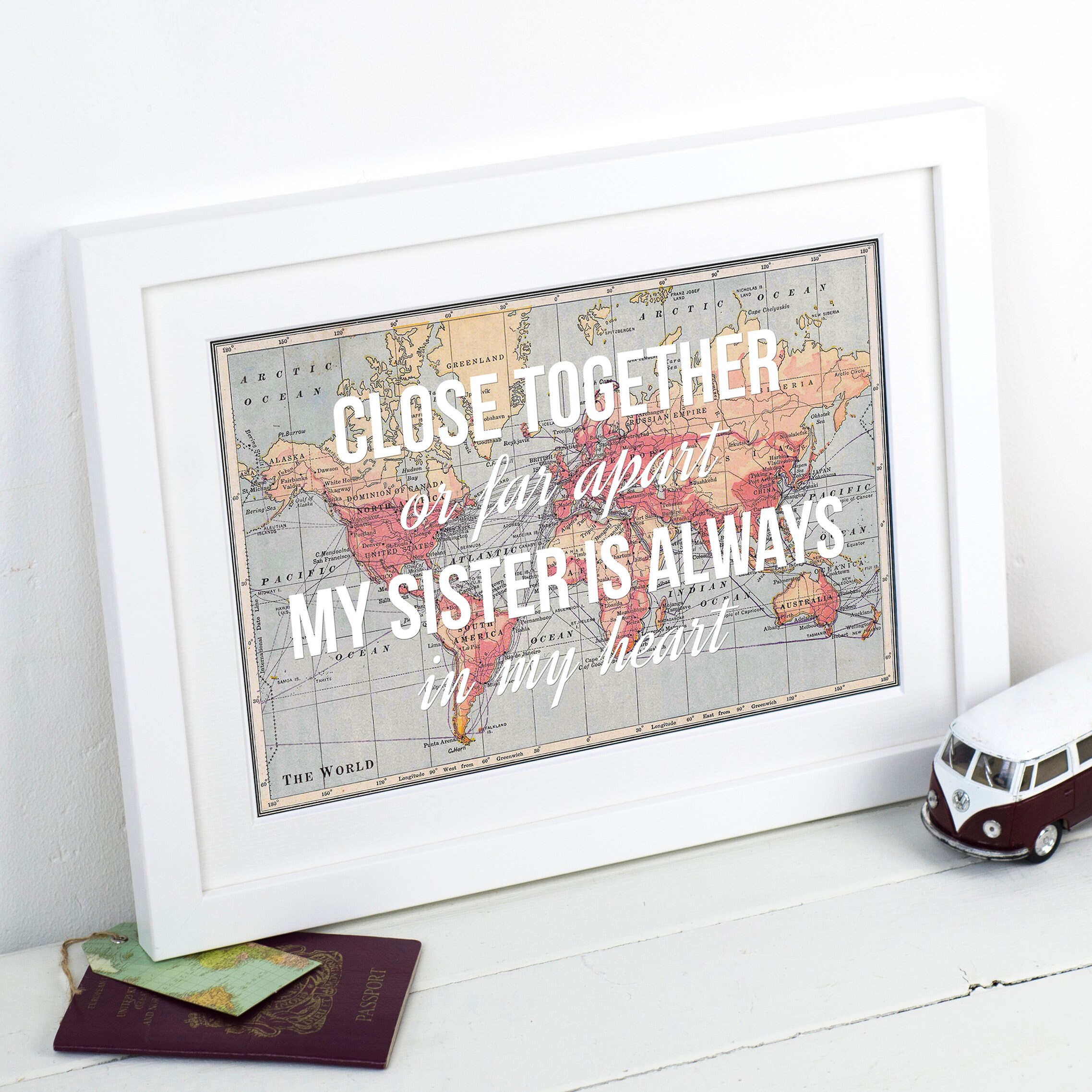 Sisters Print, Long Distance, World Map Print, Gift for Sister, Sister ...