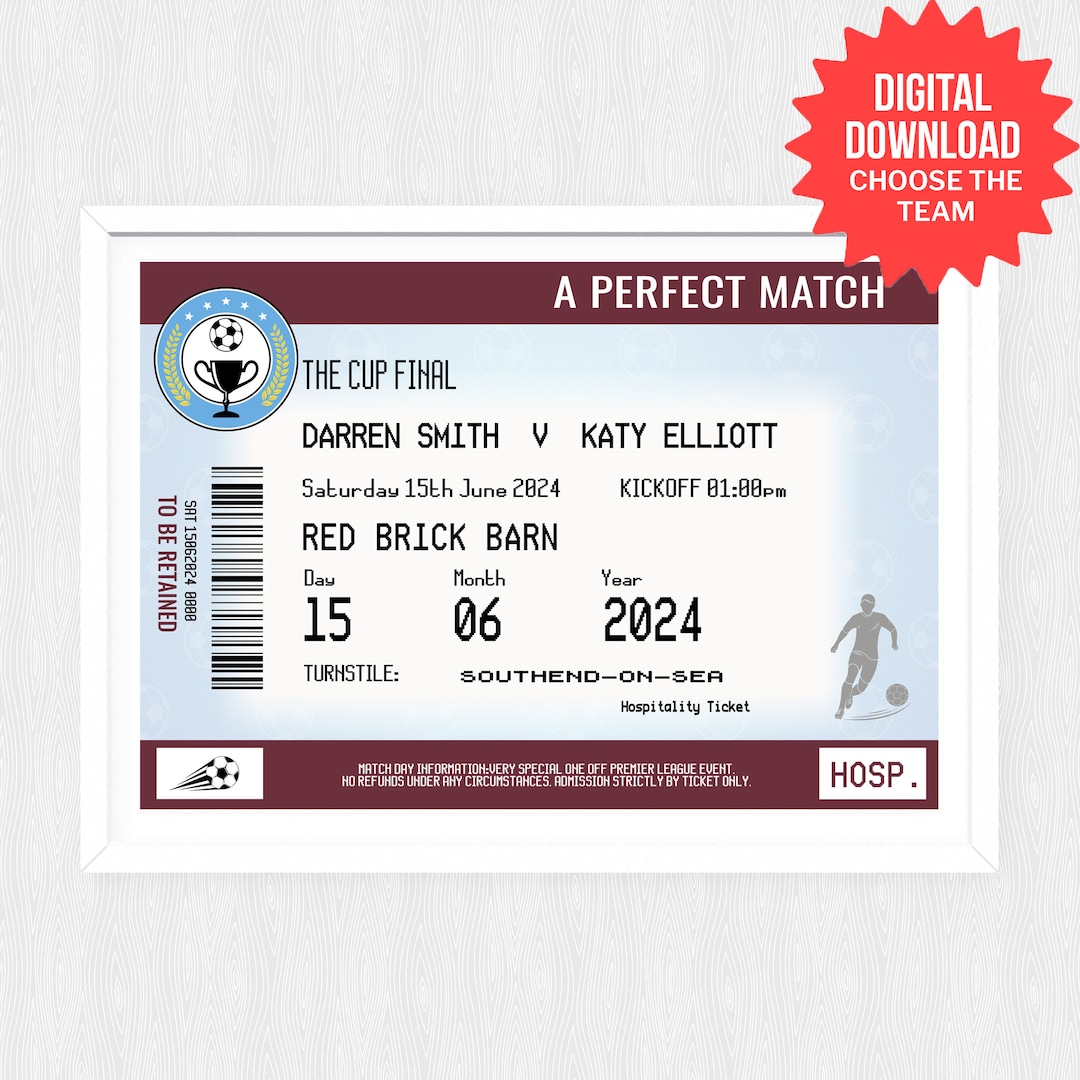 DIGITAL DOWNLOAD Personalised Football Ticket, Print at Home Wedding ...