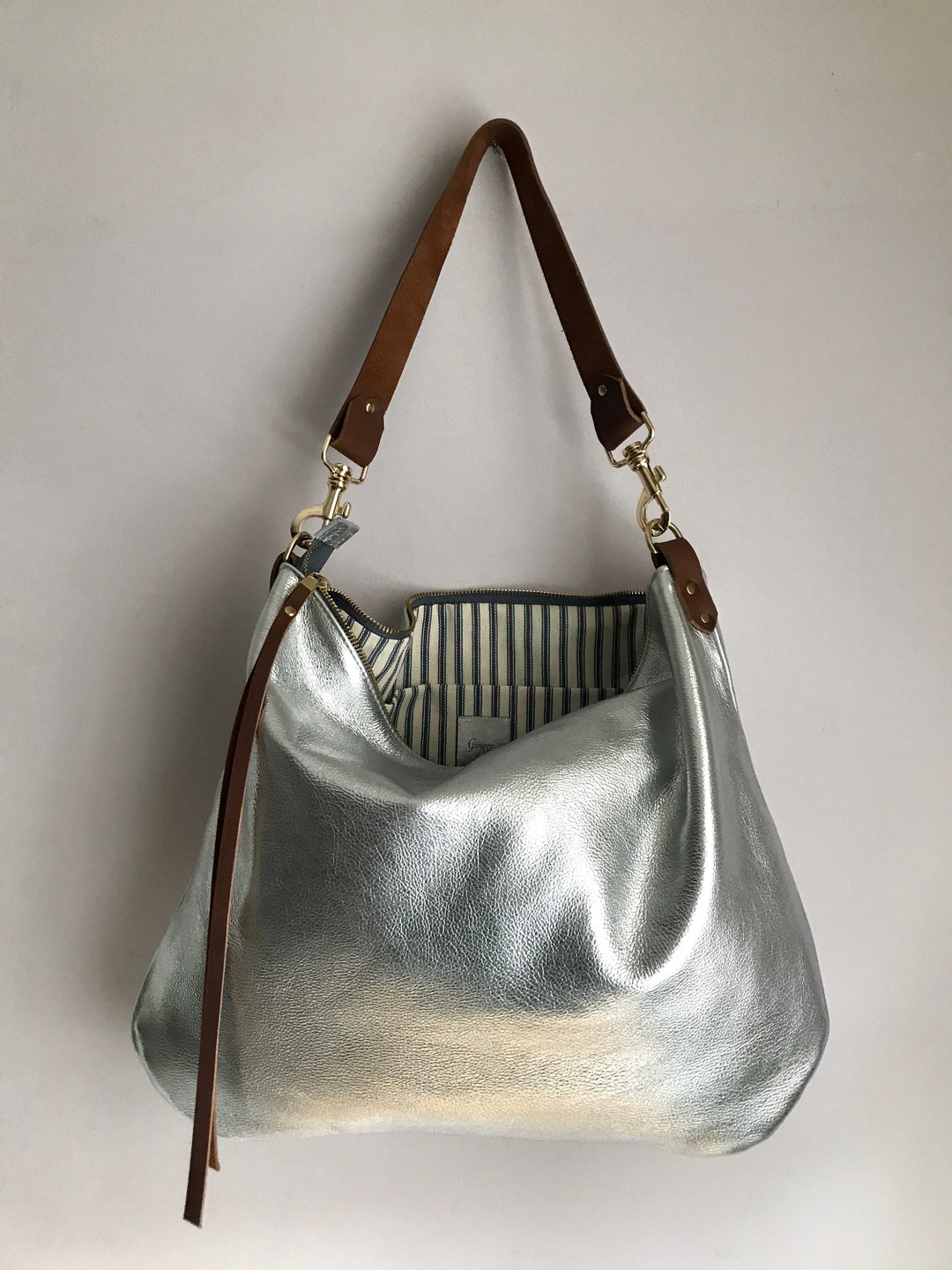 Large Leather Bag, Dumpling 2 Silver Leather Bag, Silver Leather ...