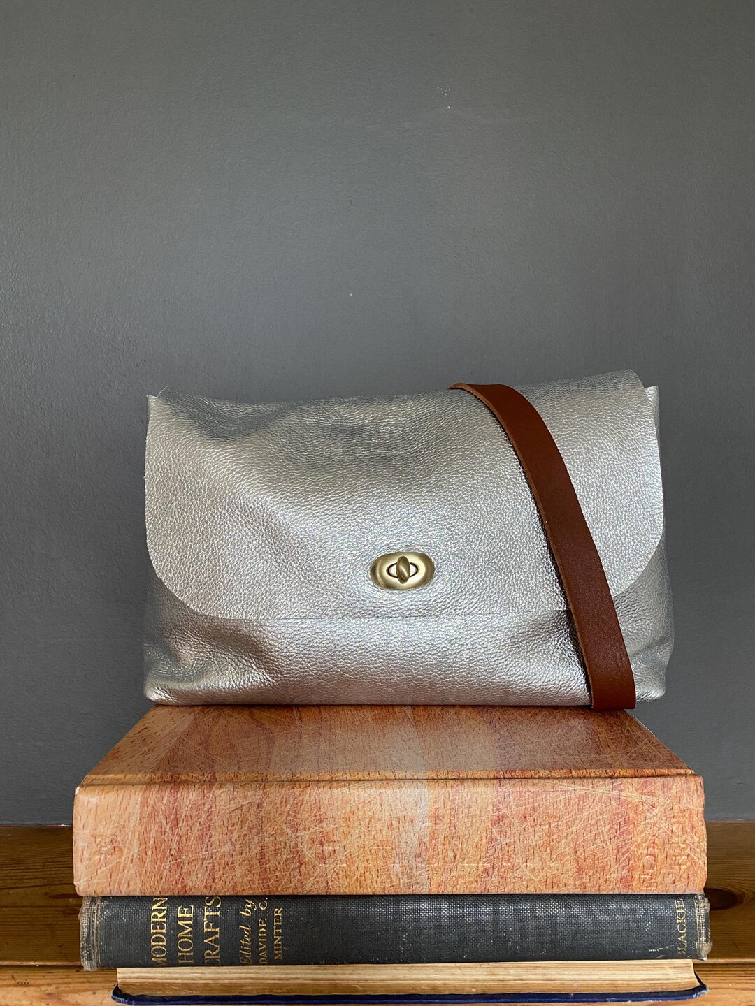 Silver Leather Beatrice Grande Crossbody Satchel, Metallic Leather Bag ...