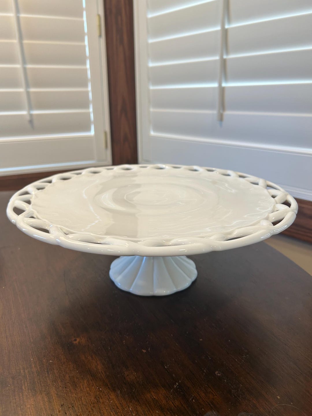 Vintage Colony White Lace Milk Glass Cake Stand Pedestal Open Ribbon ...