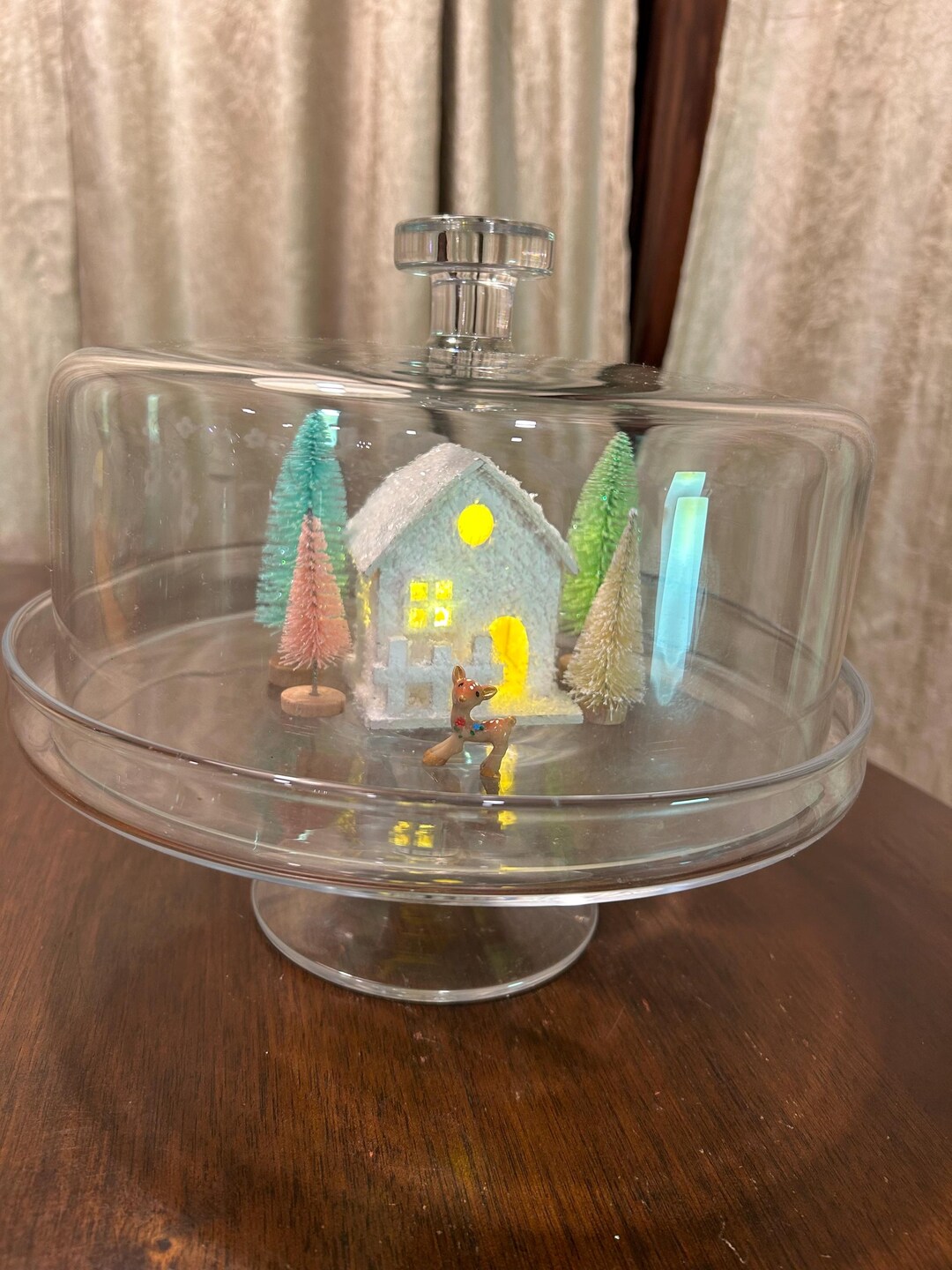 Vintage Etched Glass Cake Dome and Pedestal Stand With Lighted Winter ...