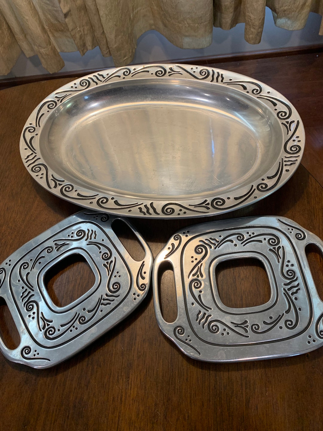 Lenox 19 Inch Pewter Turkey Platter and 2 Matching Hot Pad Trivets ...