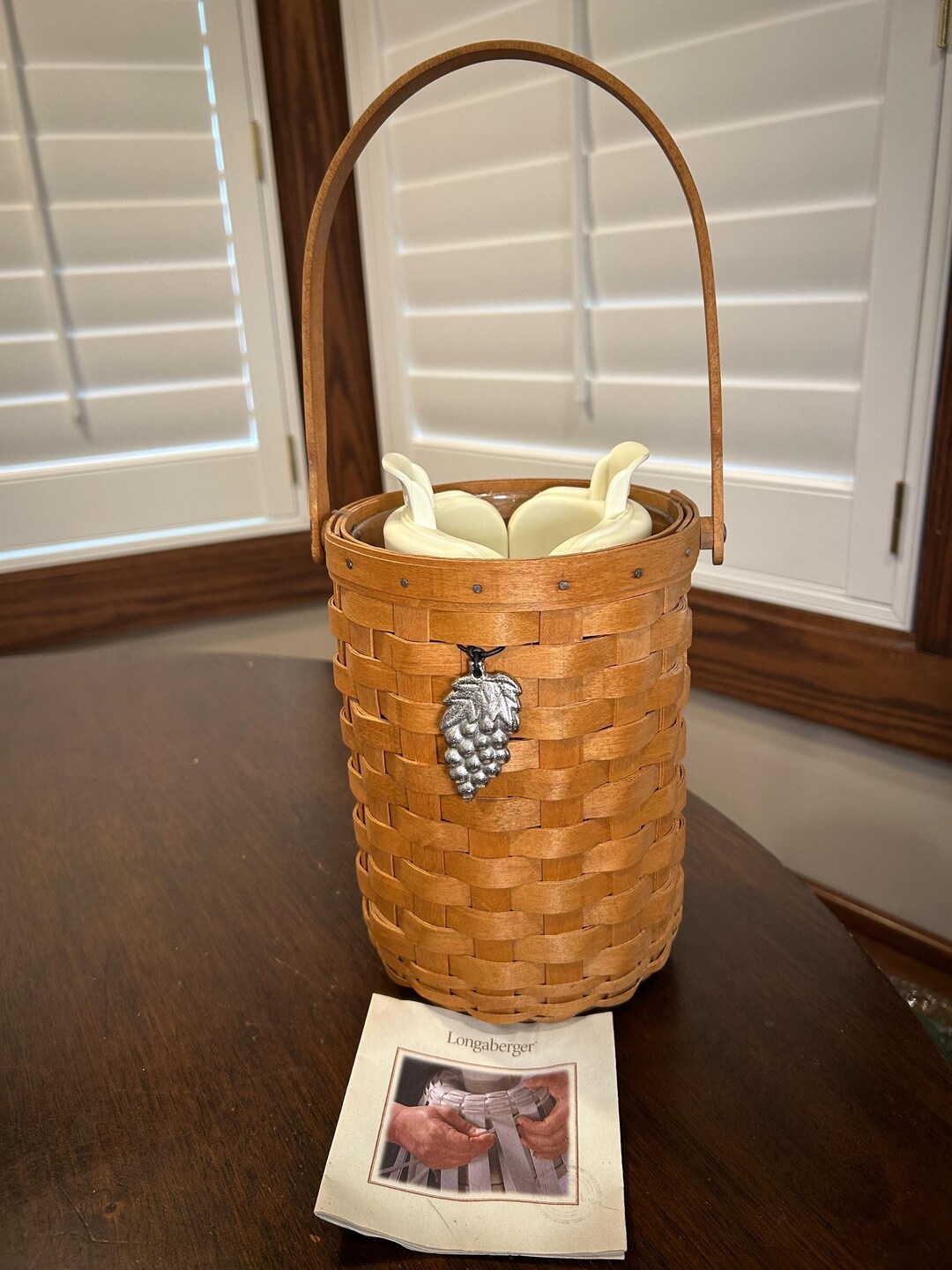 Longaberger Beverage Wine Bottle Carrier Basket With Pewter Grapes Tie ...