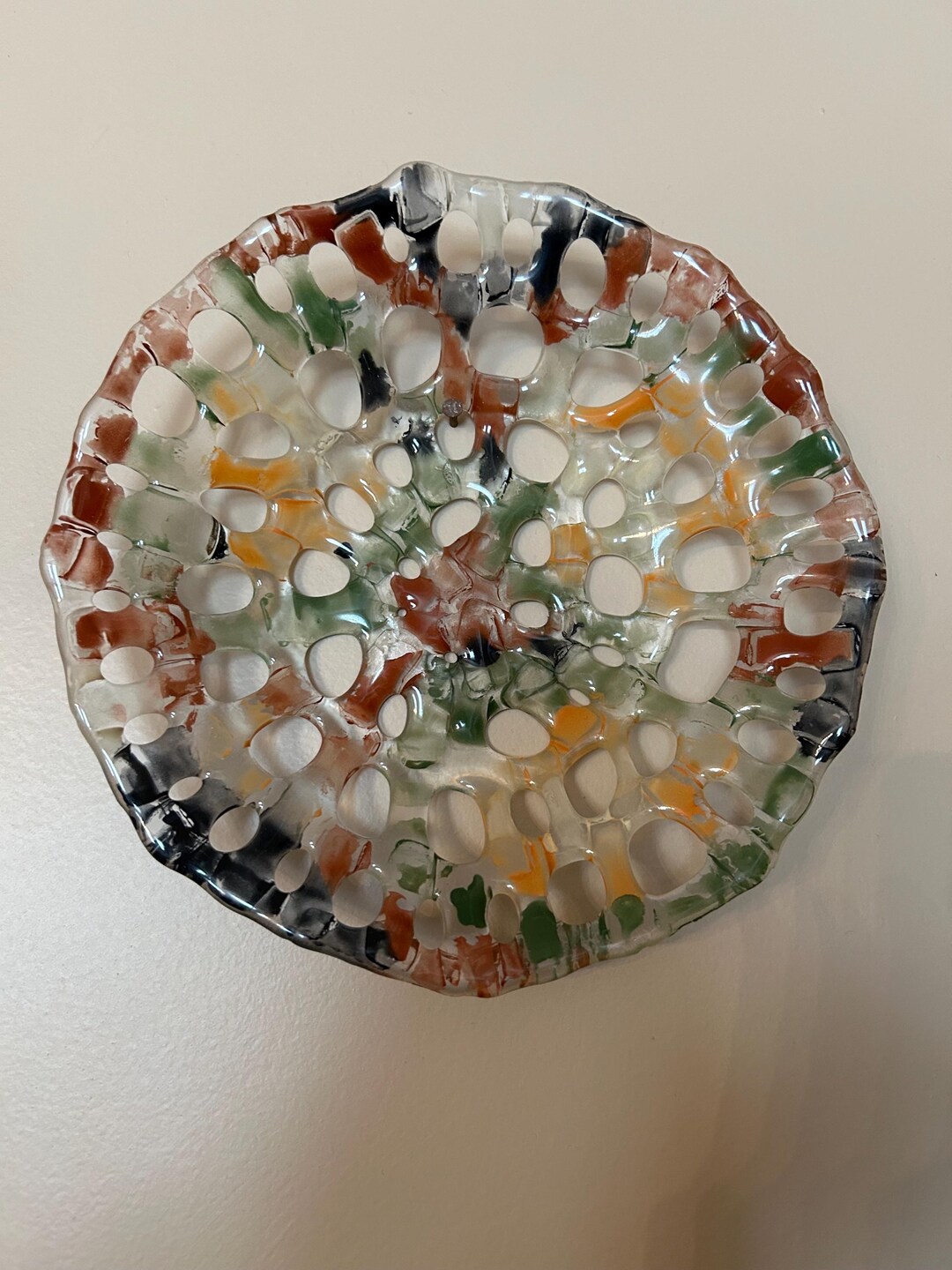 Fused Glass Open Lace Handmade Art Glass Wall Flower /shallow Bowl 9x2 ...