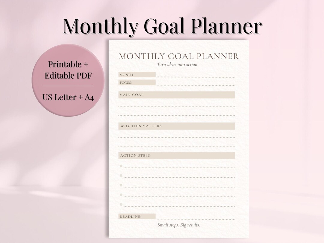 Monthly Goal Planner Printable & Editable PDF, Minimal Goal Setting ...