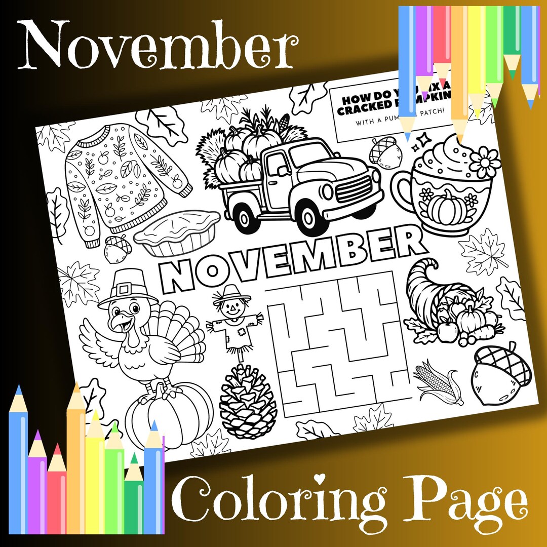 November Coloring Page for Kids, Fall, Harvest, Thanksgiving, Placemat ...