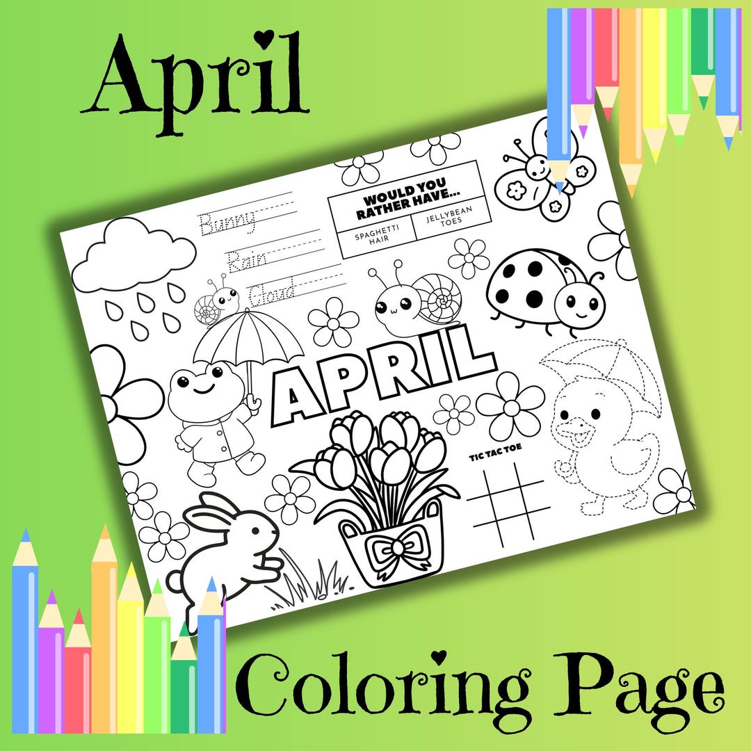 April Coloring Page for Kids, Springtime, Placemat Printable Activity ...