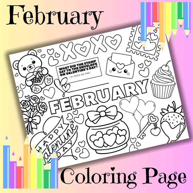 February Coloring Page for Kids, Valentines Day, Placemat Printable ...