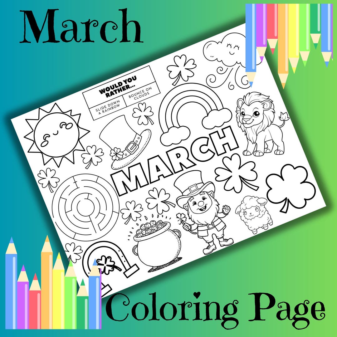 March Coloring Page for Kids, St. Patricks Day, Placemat Printable ...
