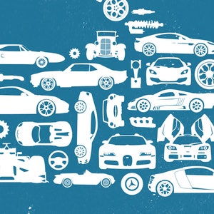 Car Collage of Vintage, Super, Classic and Sports Cars and Parts ...