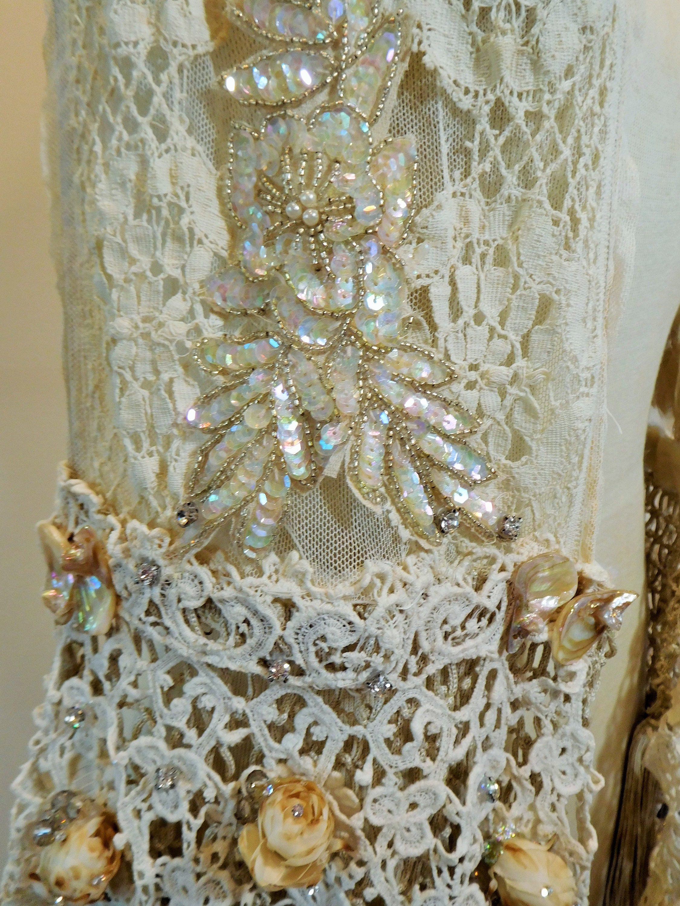 Antique Lace Scarf: Handmade Roses, Crystals, Fringe - OOAK Wedding ...