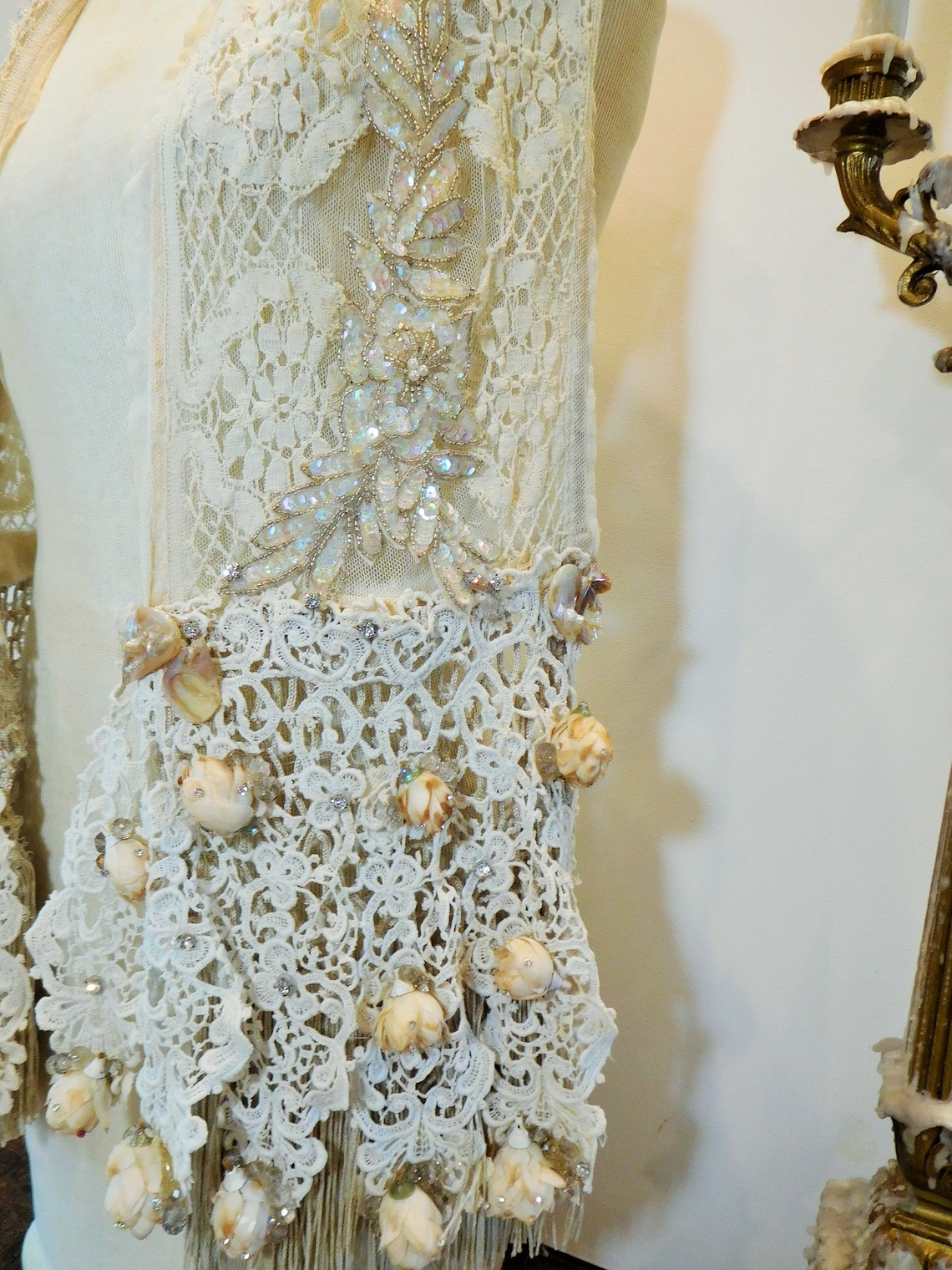 Antique Lace Scarf: Handmade Roses, Crystals, Fringe - OOAK Wedding ...