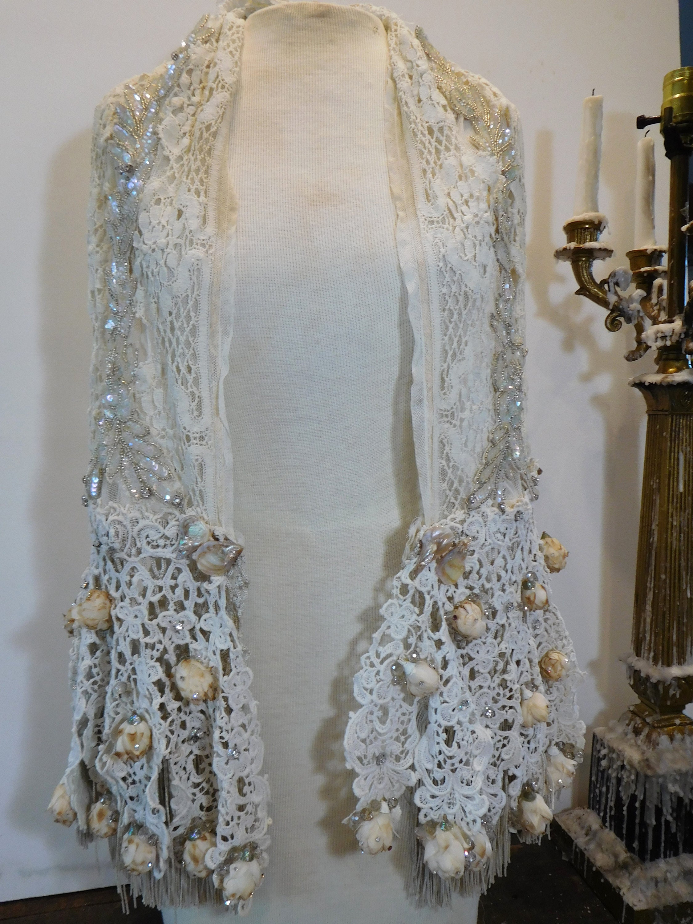 Antique Lace Scarf: Handmade Roses, Crystals, Fringe - OOAK Wedding ...