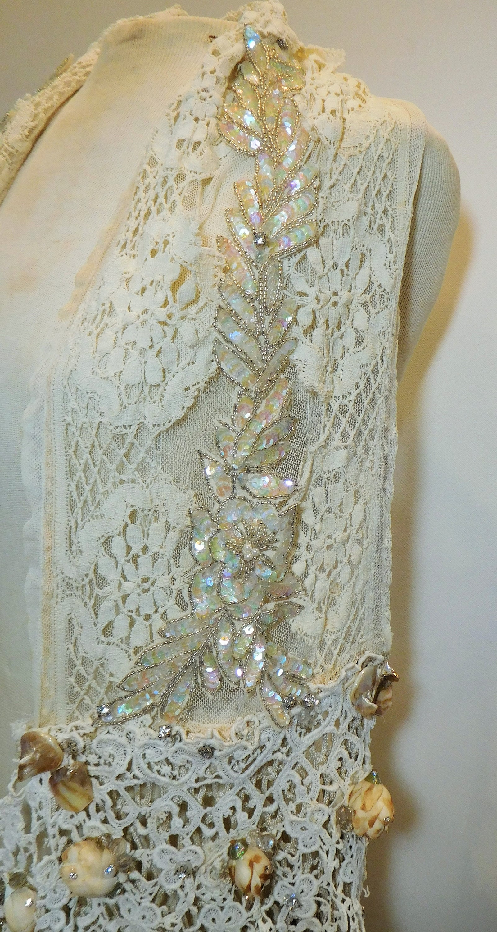Antique Lace Scarf: Handmade Roses, Crystals, Fringe - OOAK Wedding ...