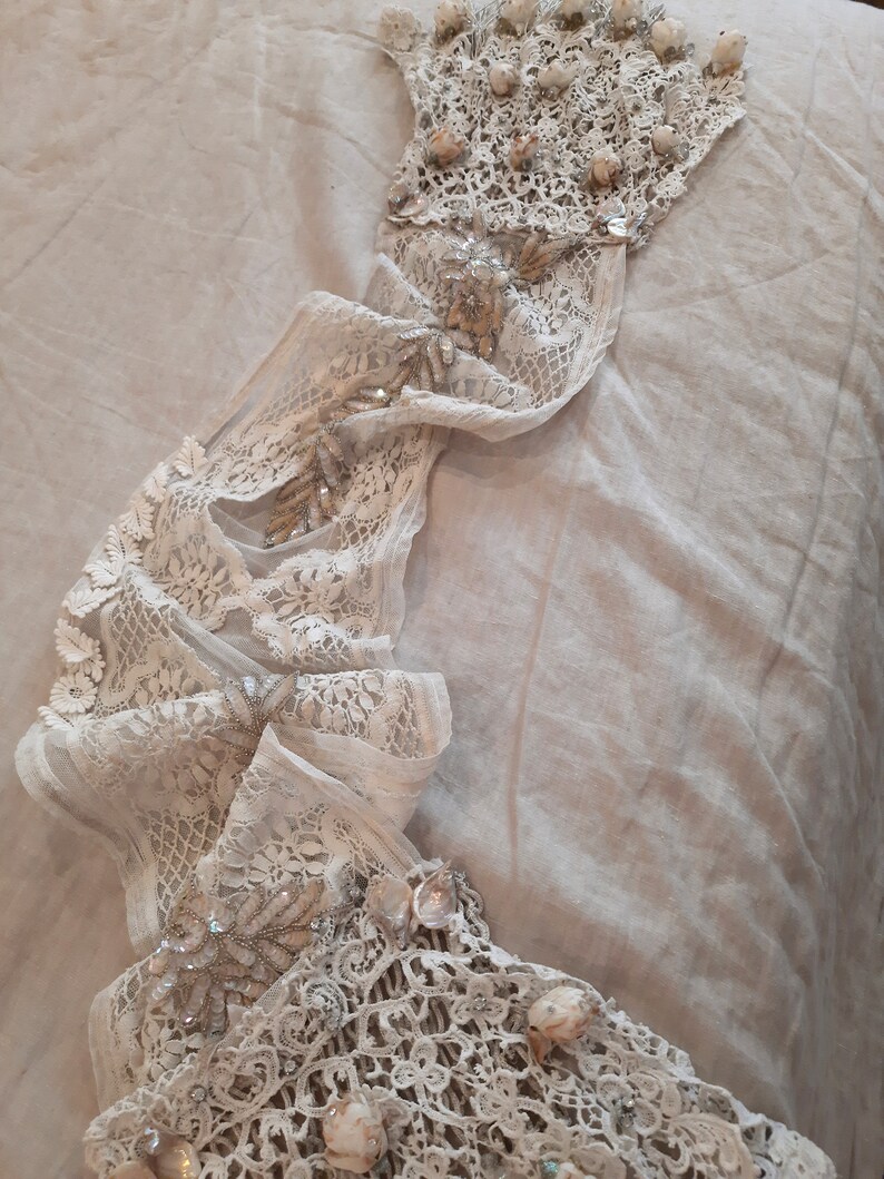 Antique Lace Scarf: Handmade Roses, Crystals, Fringe - OOAK Wedding ...