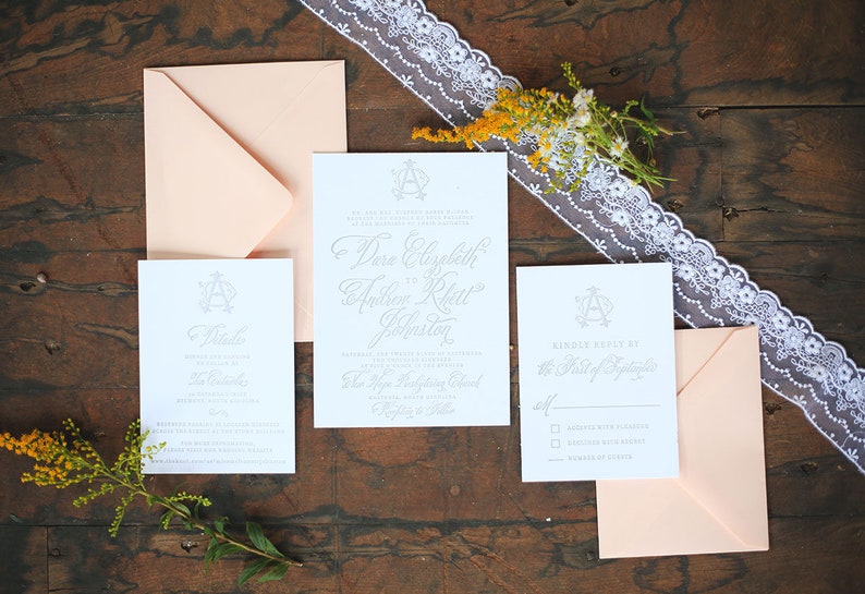 Classic Monogram Letterpress Wedding Invitation Custom Colors - Etsy