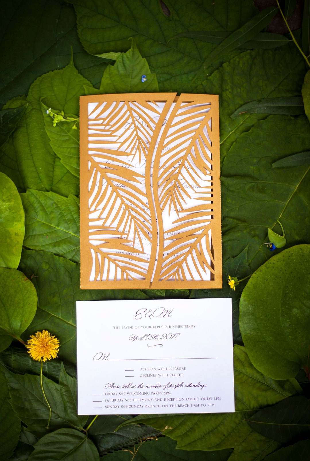 Gold Laser Cut Tree Wedding Invitation Gatefold Style, Tropical ...