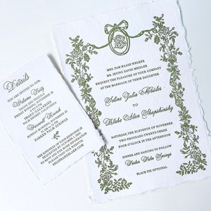 Moss Green Botanical Wedding Invitation With Deckled Edge Handmade ...