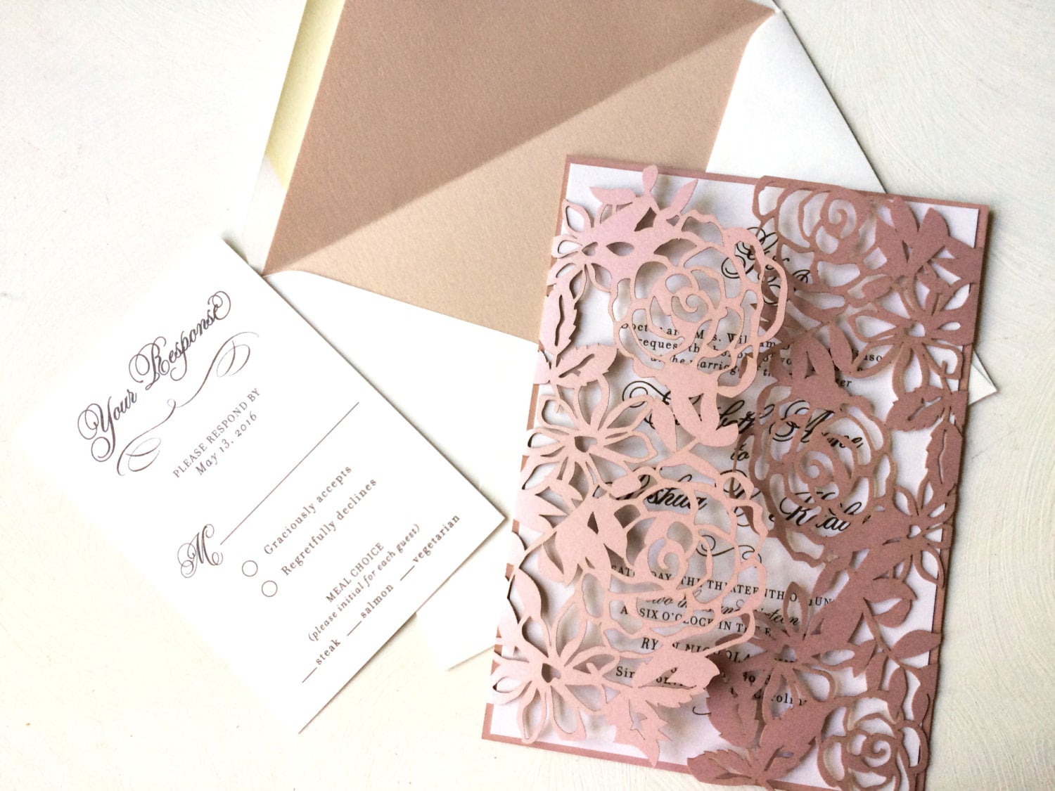 Laser Cut Floral Wedding Invitation, Blush Rose Pink Wedding Invitation ...