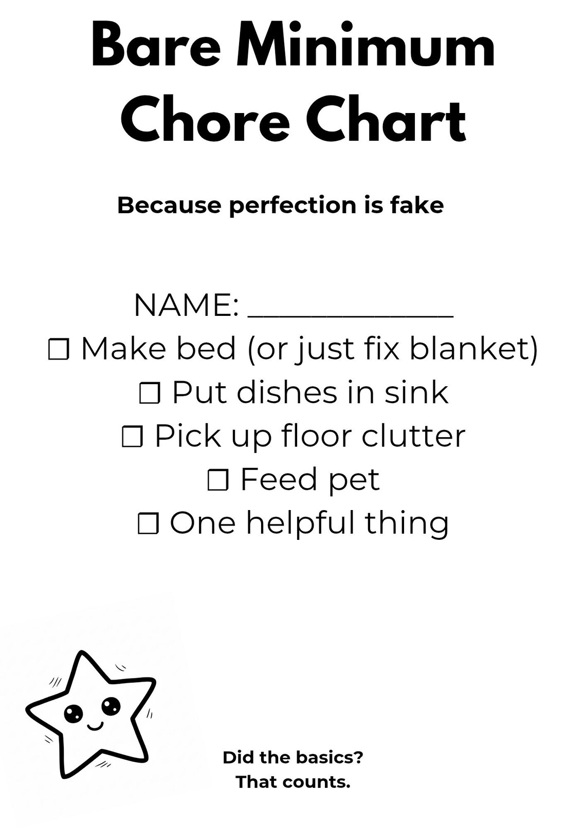 Bare Minimum Chore Chart - Etsy