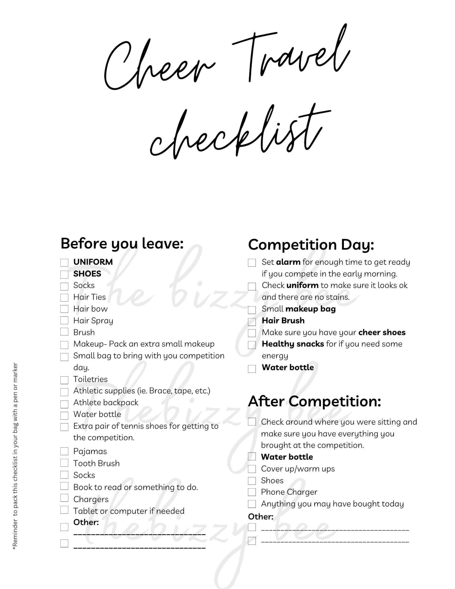 Cheerleading Travel Competition Checklist - Etsy