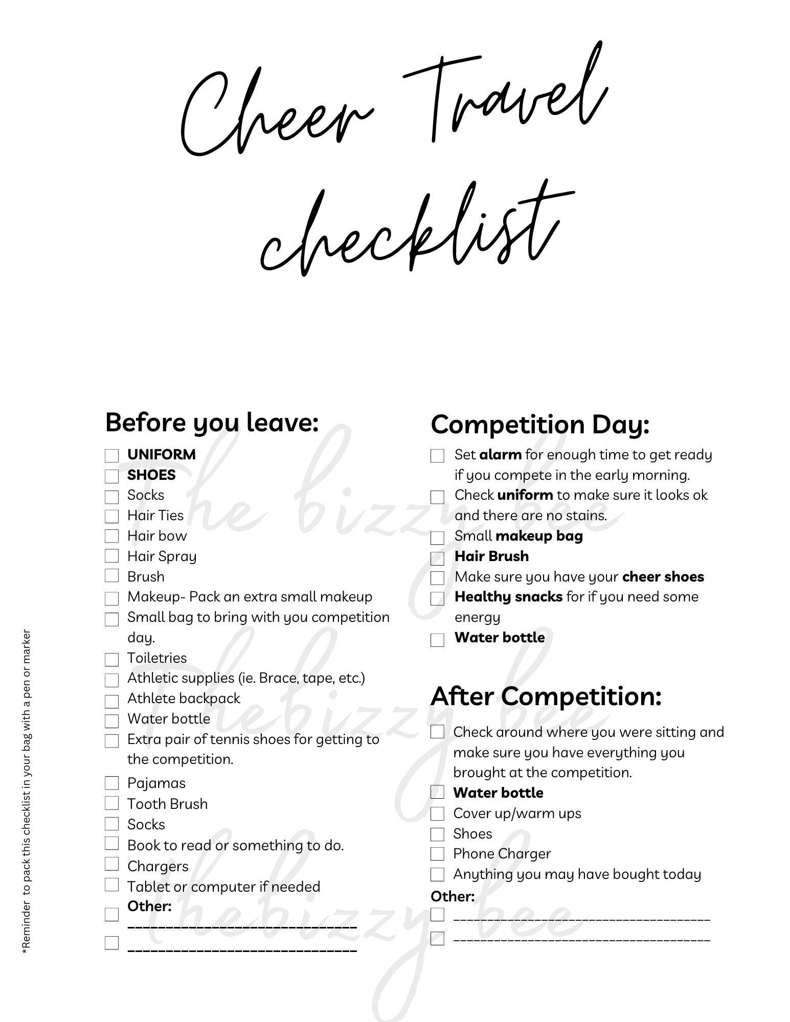 Cheerleading Travel Competition Checklist SIZE 4X6 - Etsy