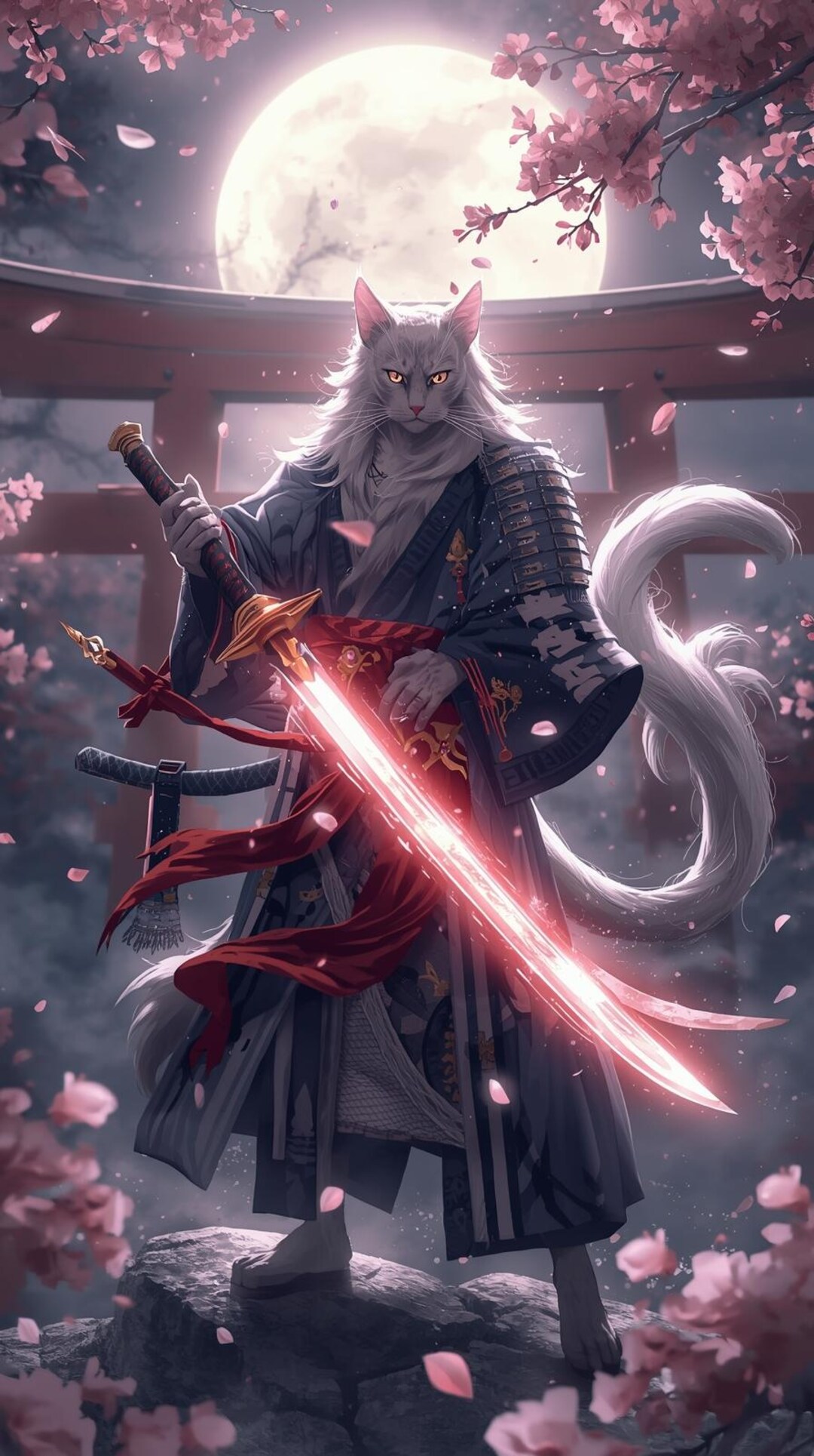Sacred Blade Guardian Cat Samurai Phone Wallpaper, Spiritual Protector ...