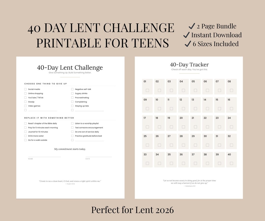 40 Day Lent Challenge Printable for Teens | Lent Tracker Sheet ...