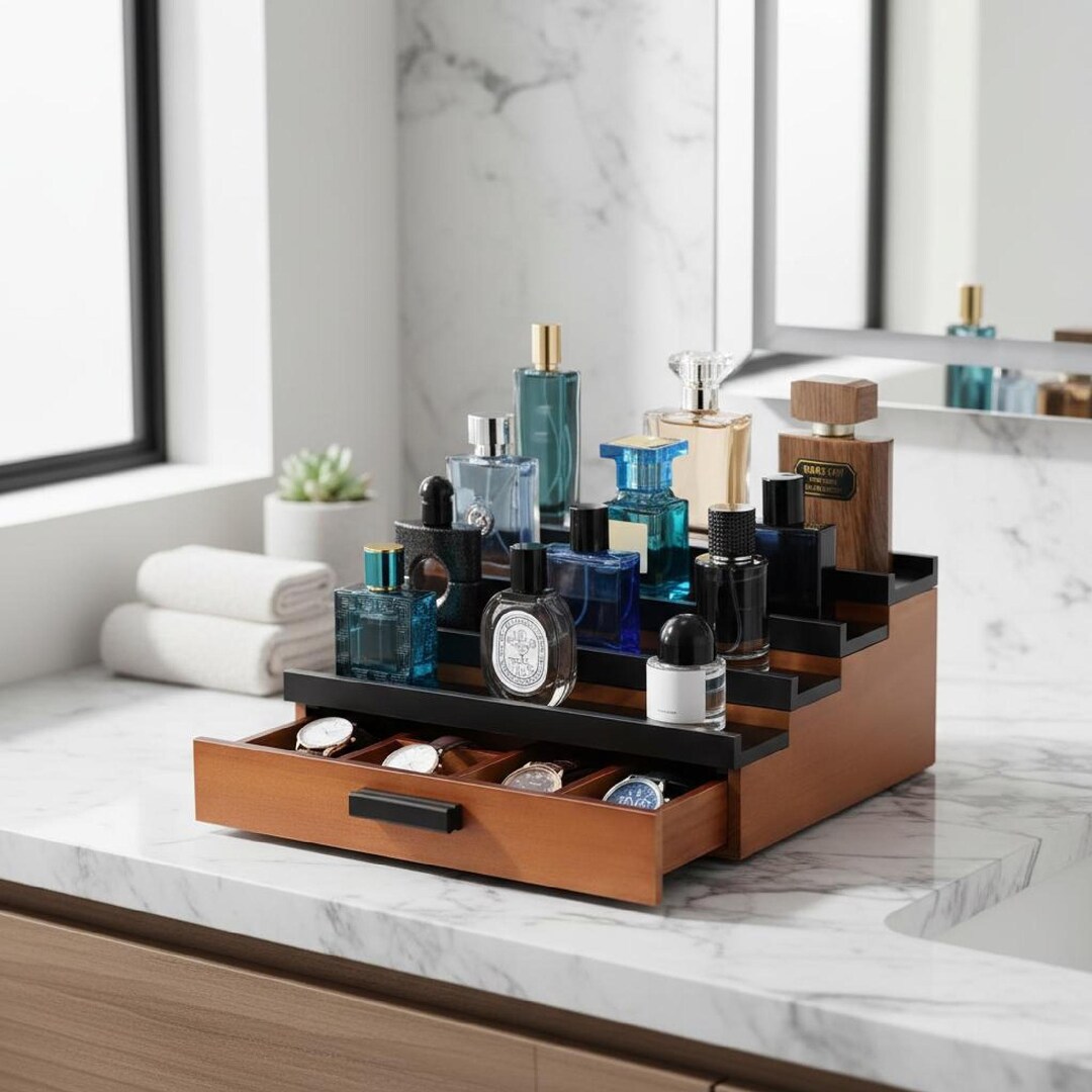 Perfume Organizer Wood Watch Display Stand 4 Tier Fragrance Tray Mens ...