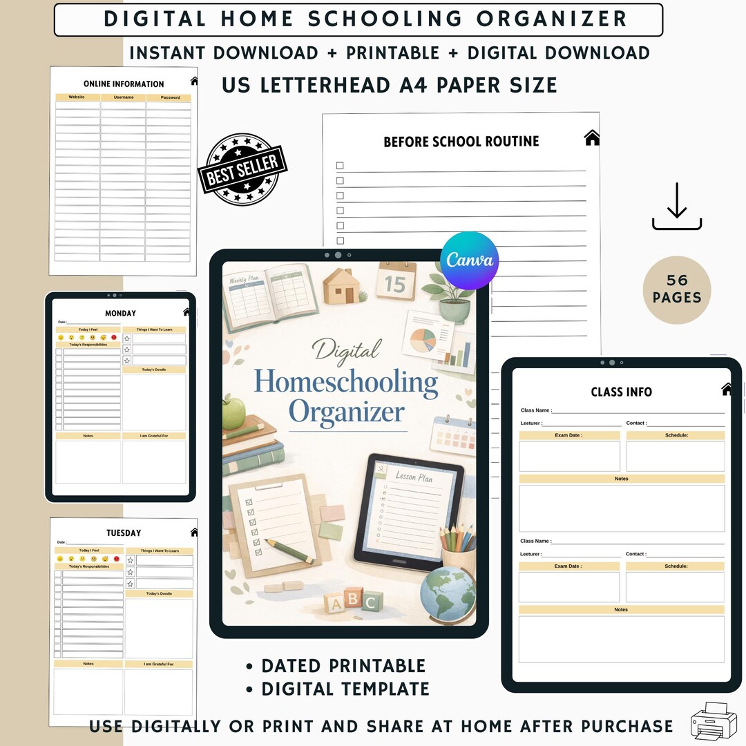 Homeschooling Organizer, Digital Planner for Kids, A4 A5 Printable ...