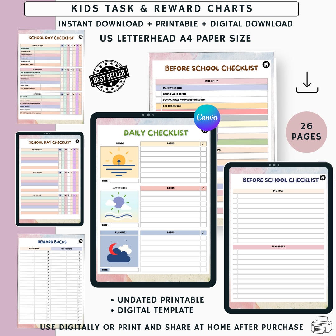 Kids Chore Chart Printable Design Daily Tasks Tracker Responsibility ...