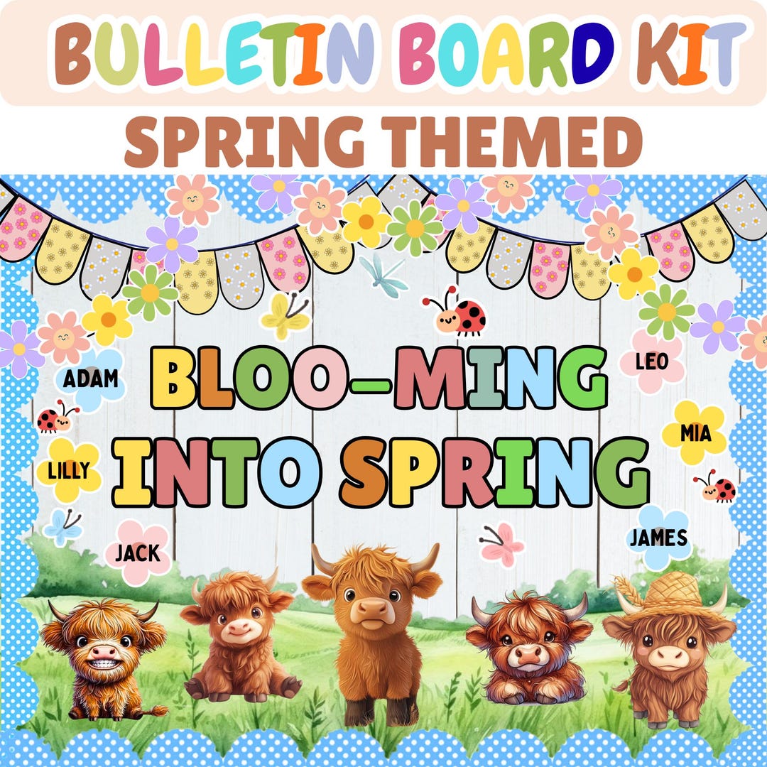 Highland Cow Spring Bulletin Board Kit, March April Classroom Door ...