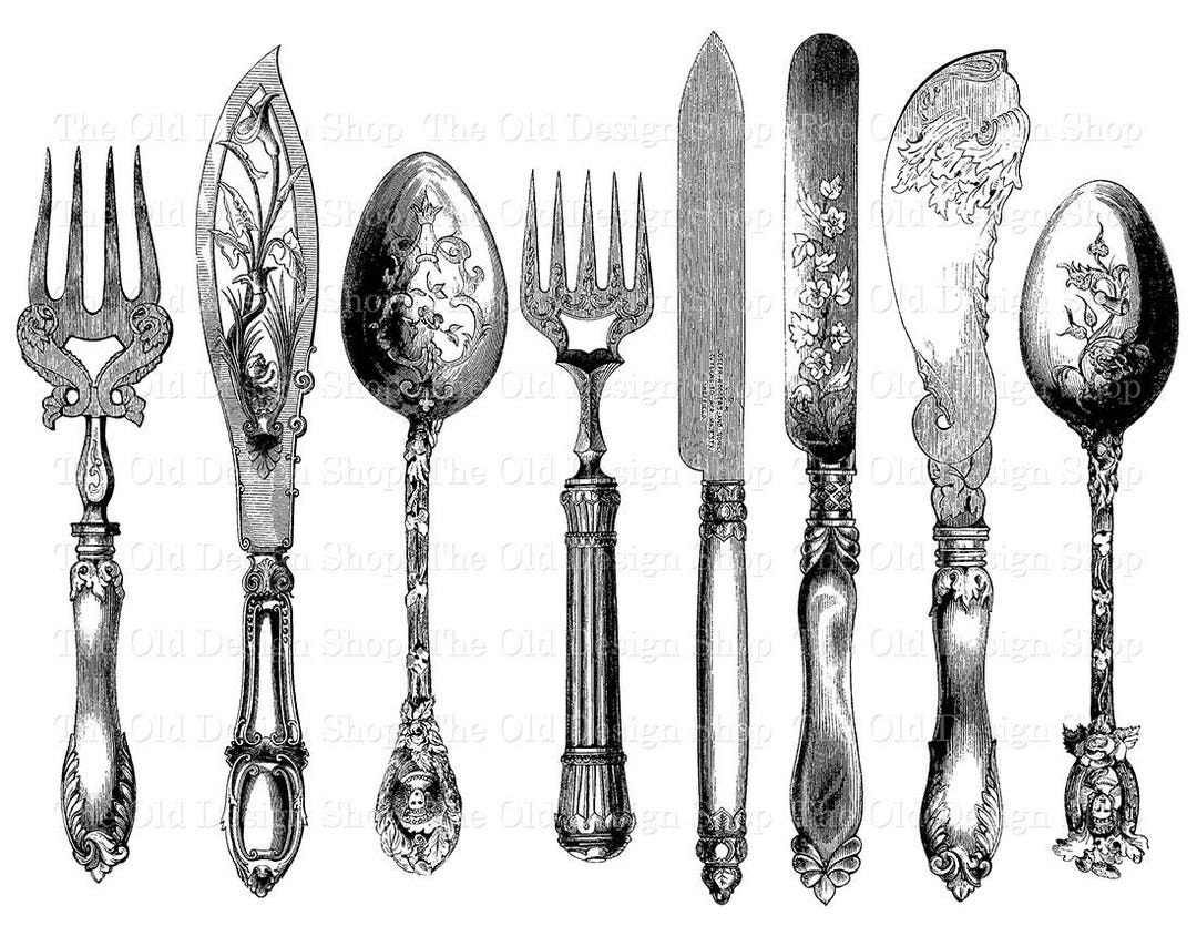 Cutlery Silverware Vintage Fork Knife Spoon Clip Art Printable Kitchen ...