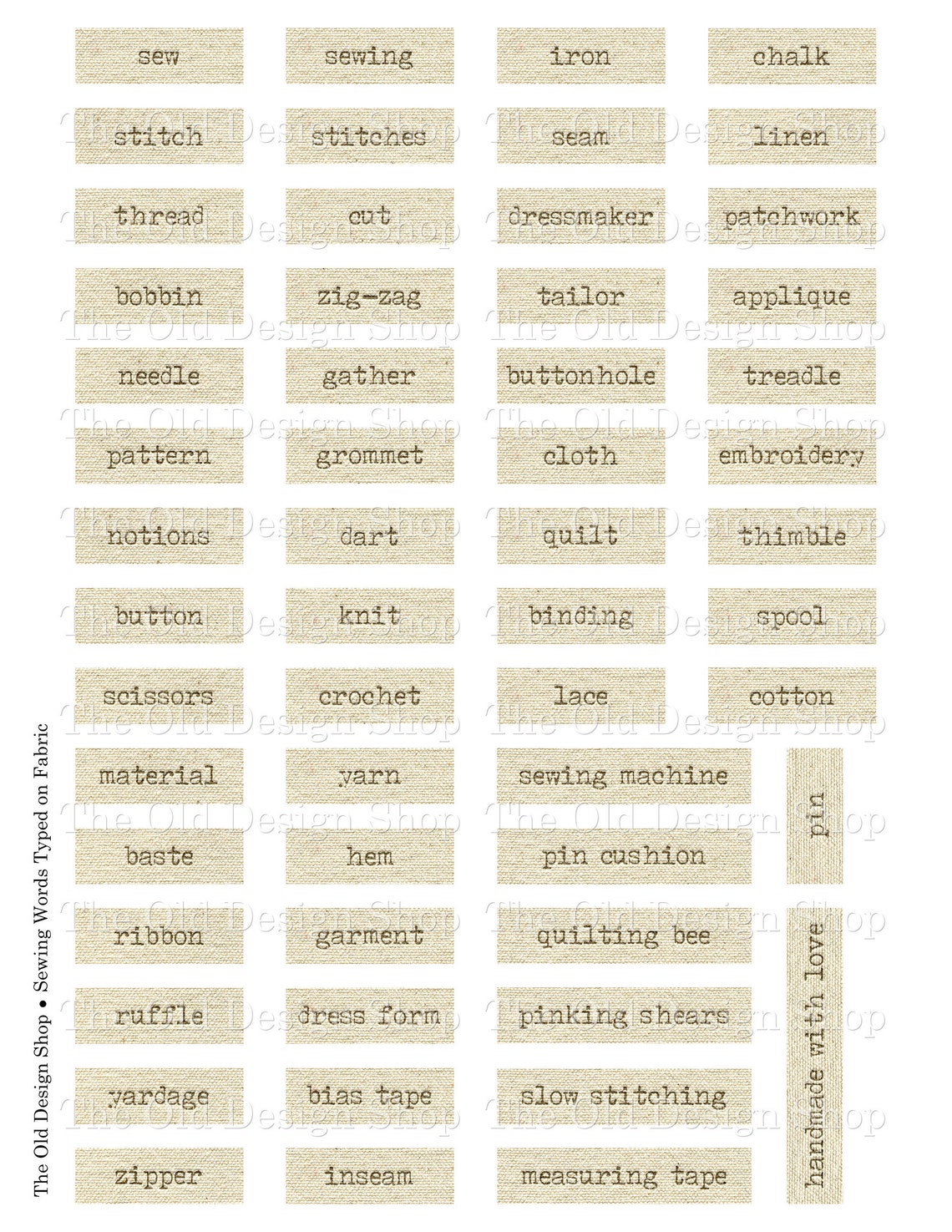 Sewing Theme Words Typed on Fabric Mini Text Labels Printable Digital ...