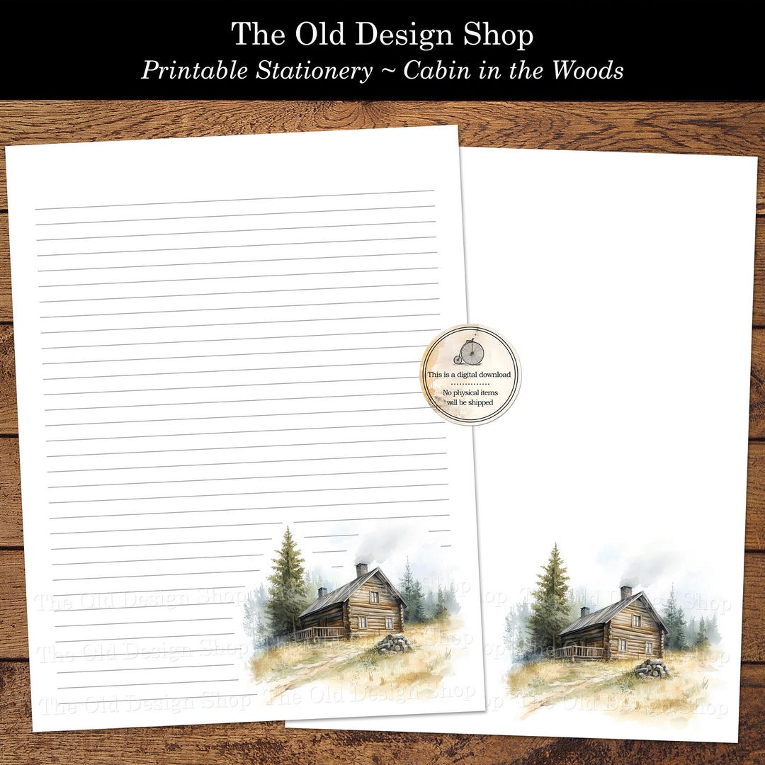 Log Cabin in the Woods Printable Letter Writing Stationery Watercolor ...