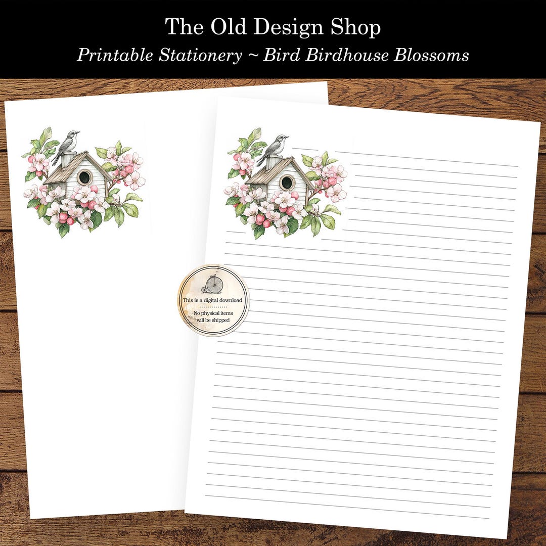 Bird Birdhouse Blossom Printable Letter Writing Stationery Watercolor ...