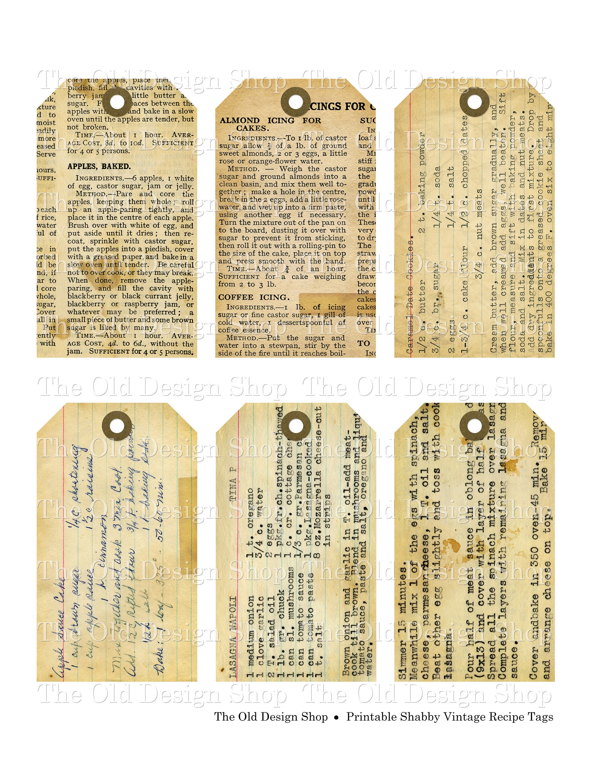 Shabby and Aged Recipe Tags Printable Vintage Style Digital Collage ...