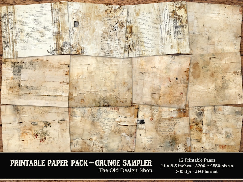 Digital Paper Printable Grunge Sampler Junk Journal Paper Pack Shabby ...