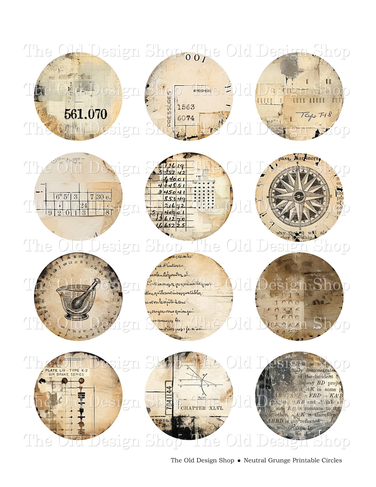 Neutral Grunge Circle Tag Set Round Tags Printable Ephemera Tags Junk ...