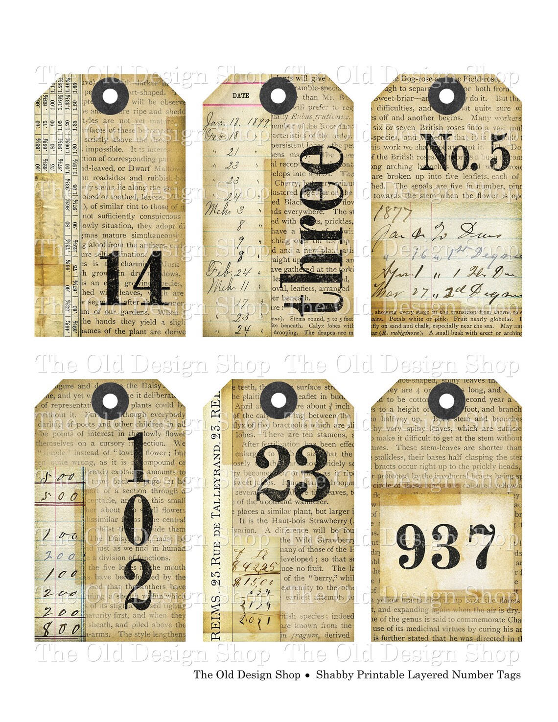 Number Tags Taped Collaged Printable Shabby Vintage Style - Etsy